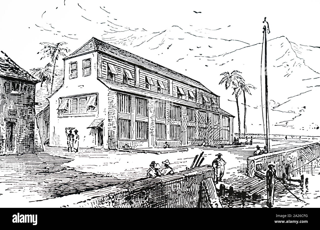 An engraving depicting a Cocoa curing house in Grenada. Dated 19th ...