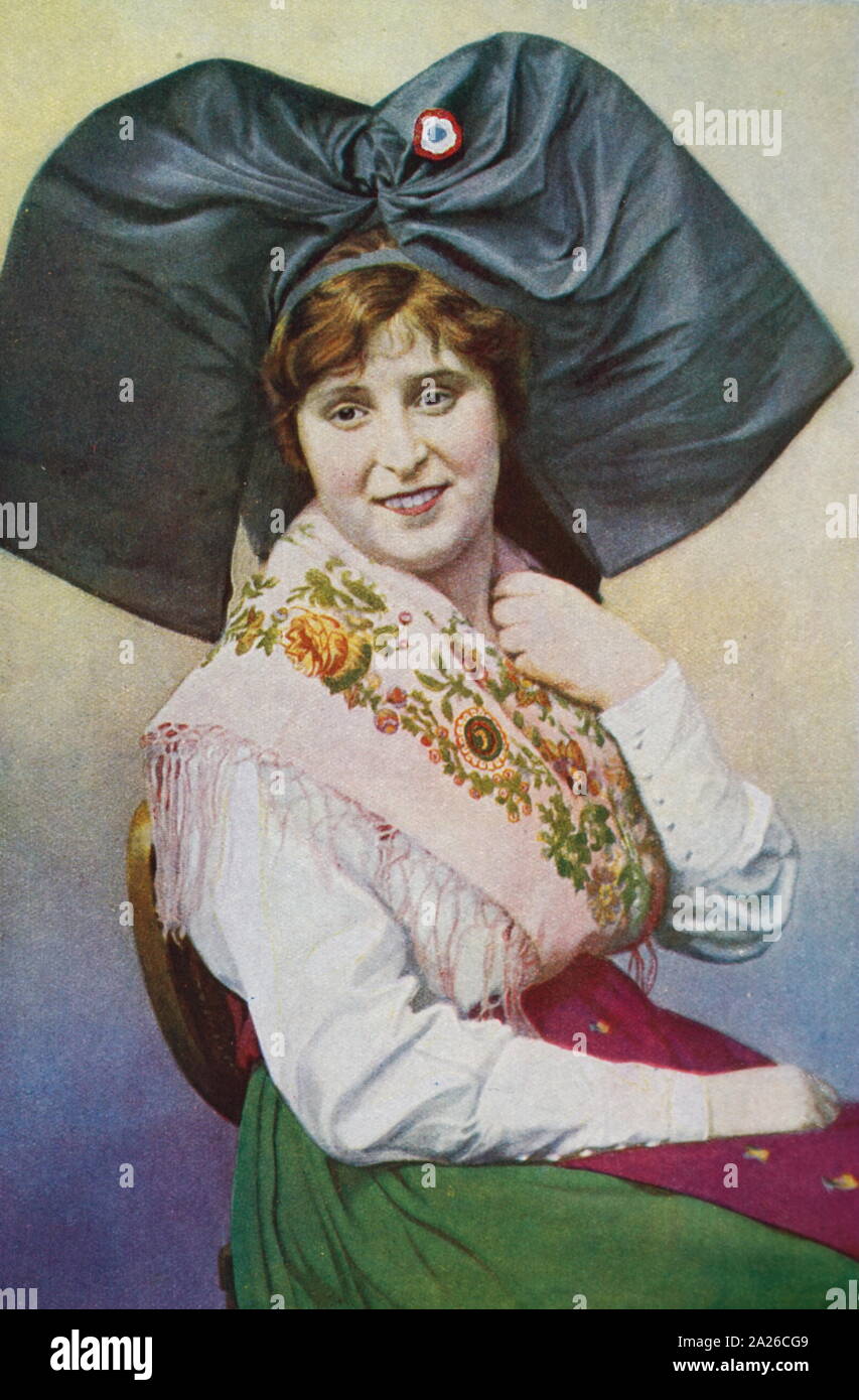 A hand-tinted lithograph of a young girl of Alsace. Dated 20th century ...