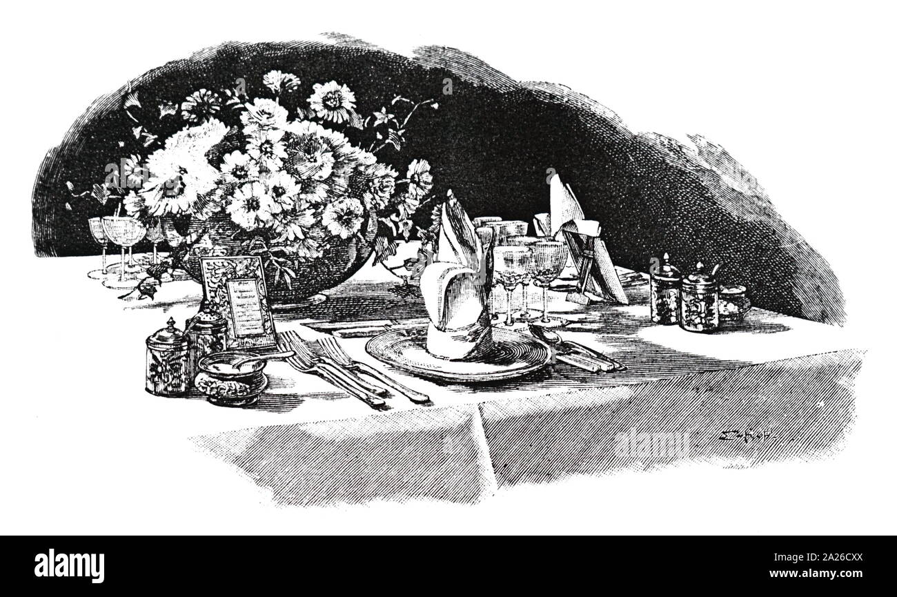 Engraving depicting the corner of a table set for a formal dinner party ...