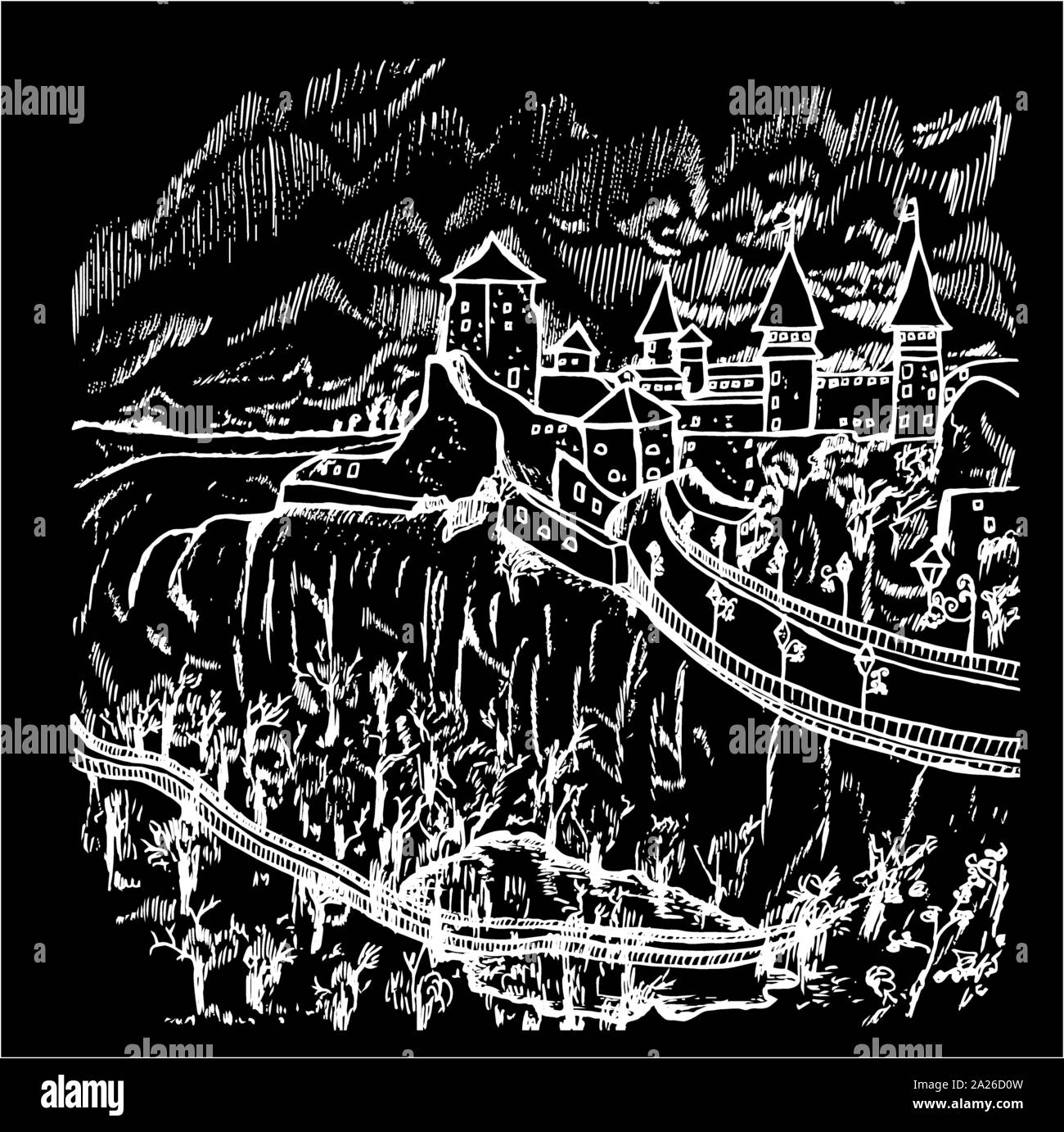 Black and white illustration of a castle. Old castle in Ukraine. Chalk ...