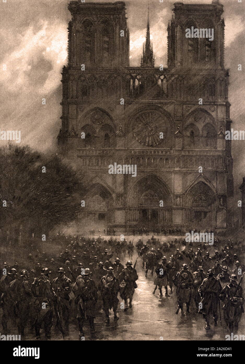 French infantry on furlough passing Notre Dame, Paris.1917 Stock Photo ...