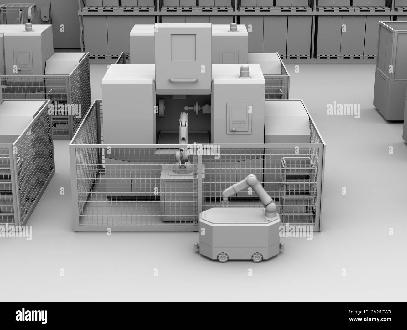 Clay rendering of mobile robot passing CNC robot cells in factory ...
