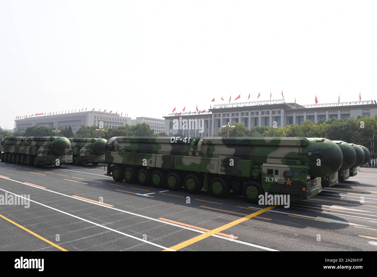 Beijing, China. 1st Oct, 2019. A formation of Dongfeng-41 missiles marches in a military parade ...