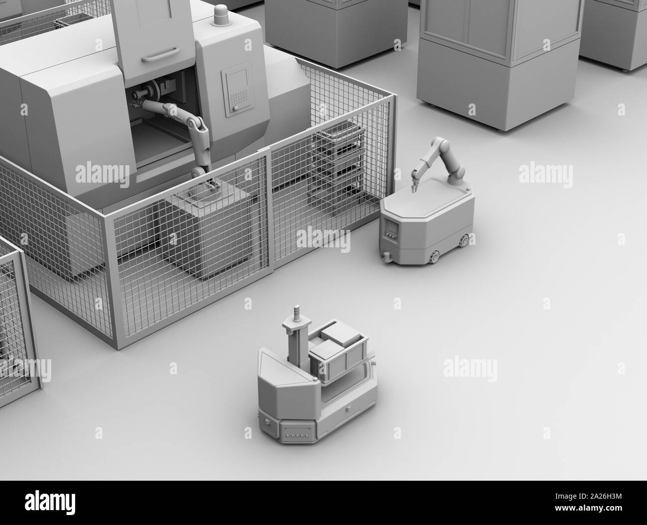 Clay rendering of mobile robot passing CNC robot cells in factory ...