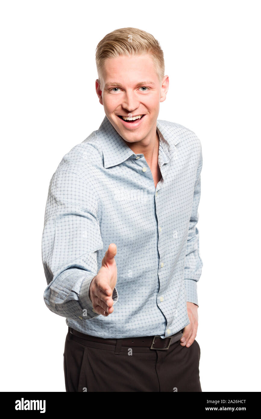 Portrait of friendly businessman giving hand for handshake Stock Photo ...