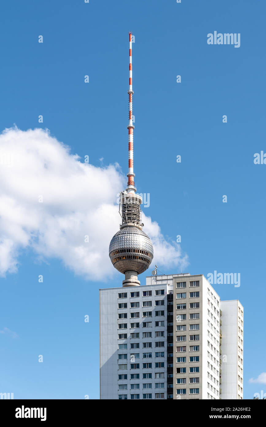 Cityscape of Berlin with skyscraper and TV tower against blue sky with ...