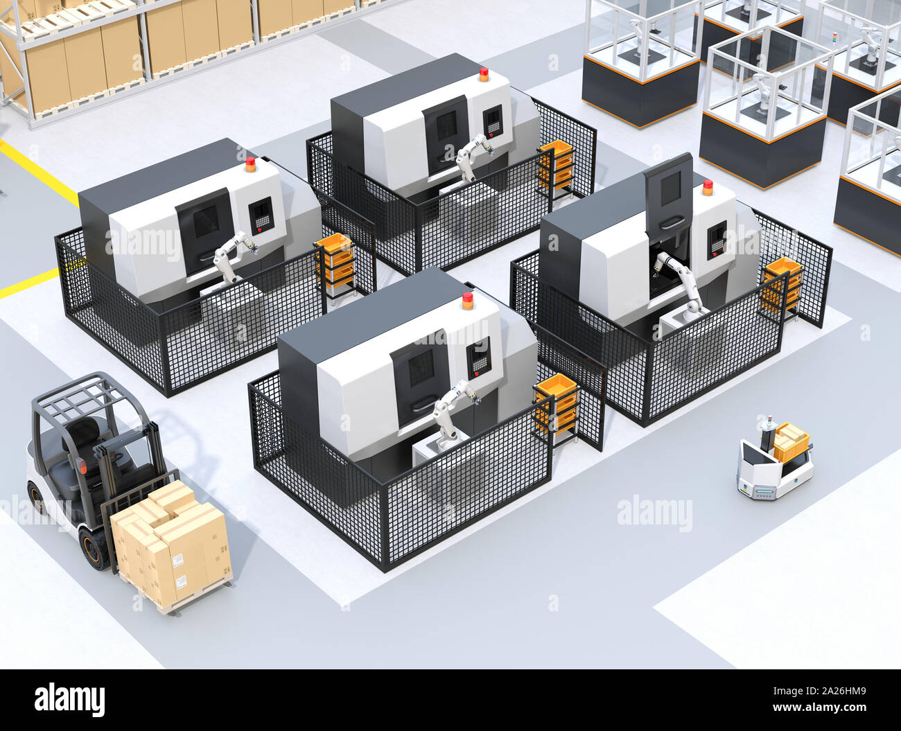 Mobile Robots Passing Cnc Robot Cells In Factory Smart Factory Concept