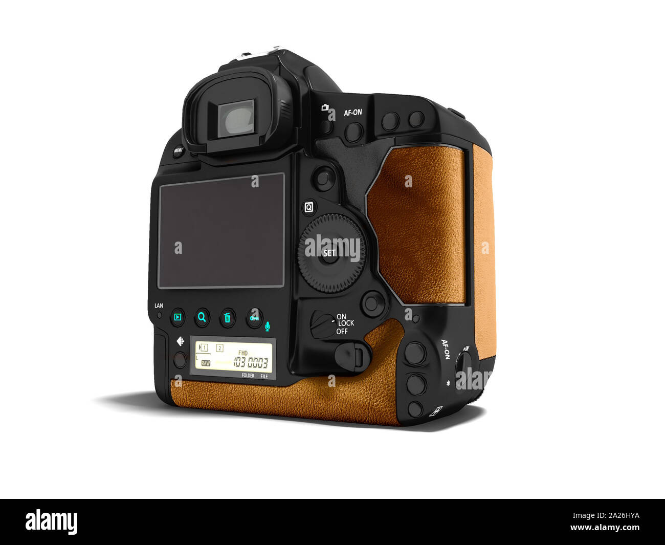 Modern professional black camera with inserts of light brown leather ...