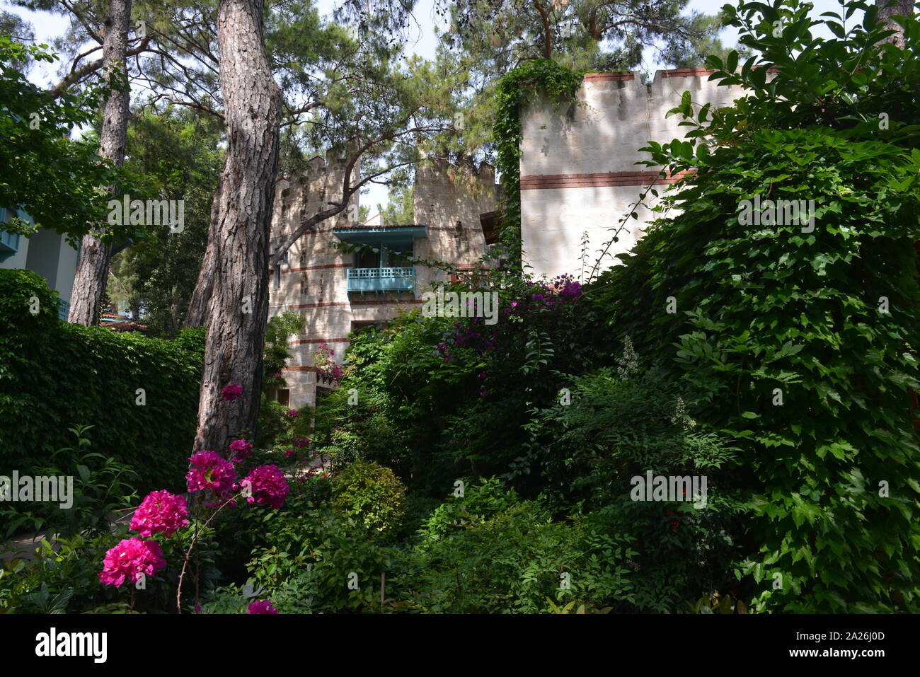 Villas decorated with flowers at luxury hotel, Crete, Greece Stock ...