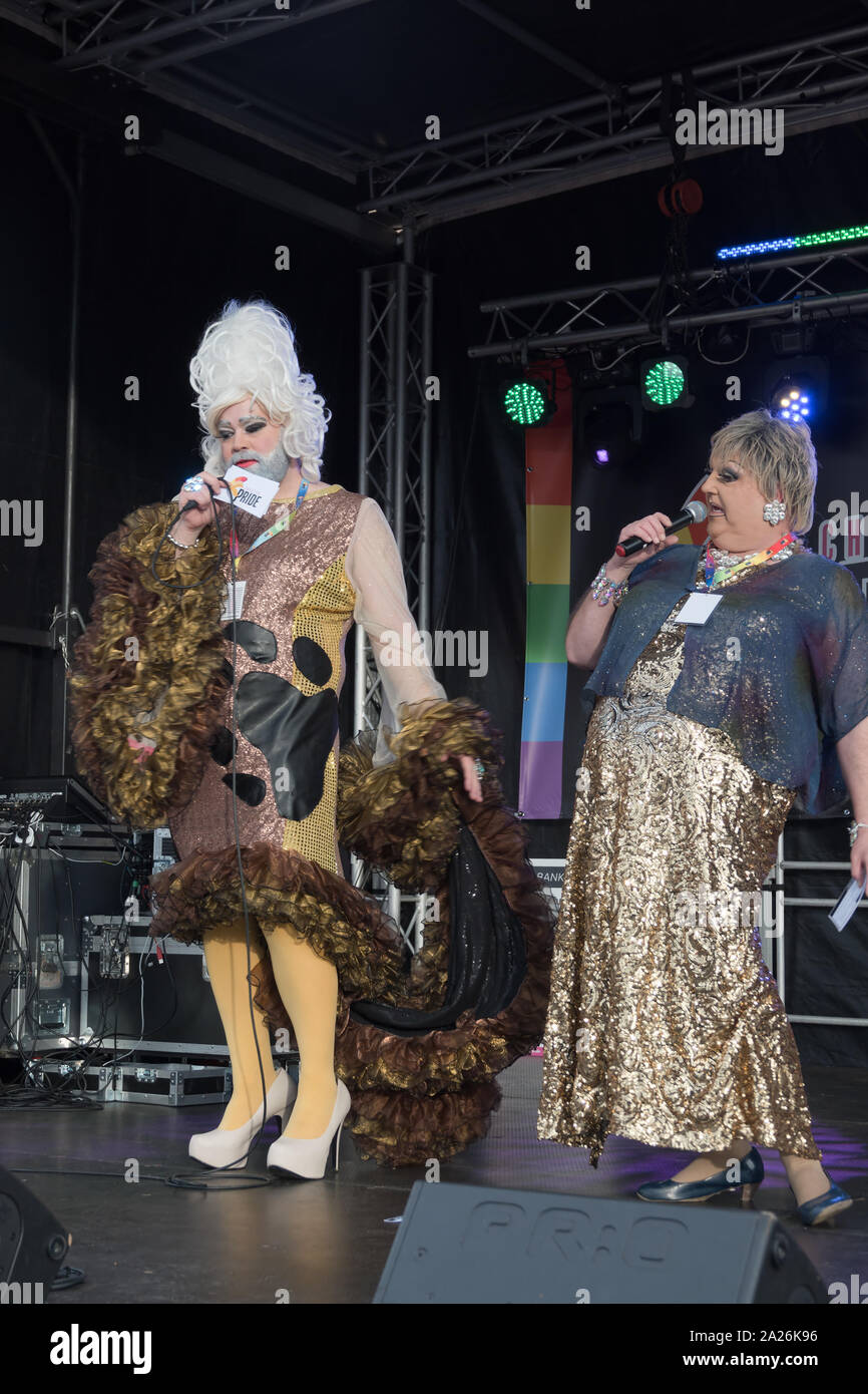 Drag Artist with a beard performing on stage at the 2019 Chester Pride ...
