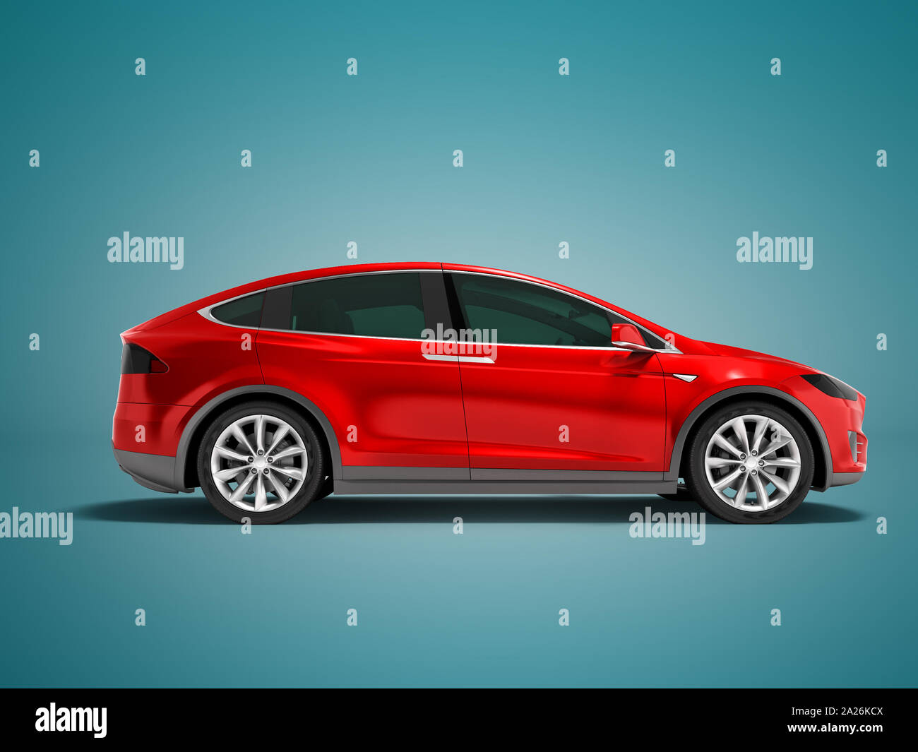 Modern red electric car minivan on side 3d render on blue background ...