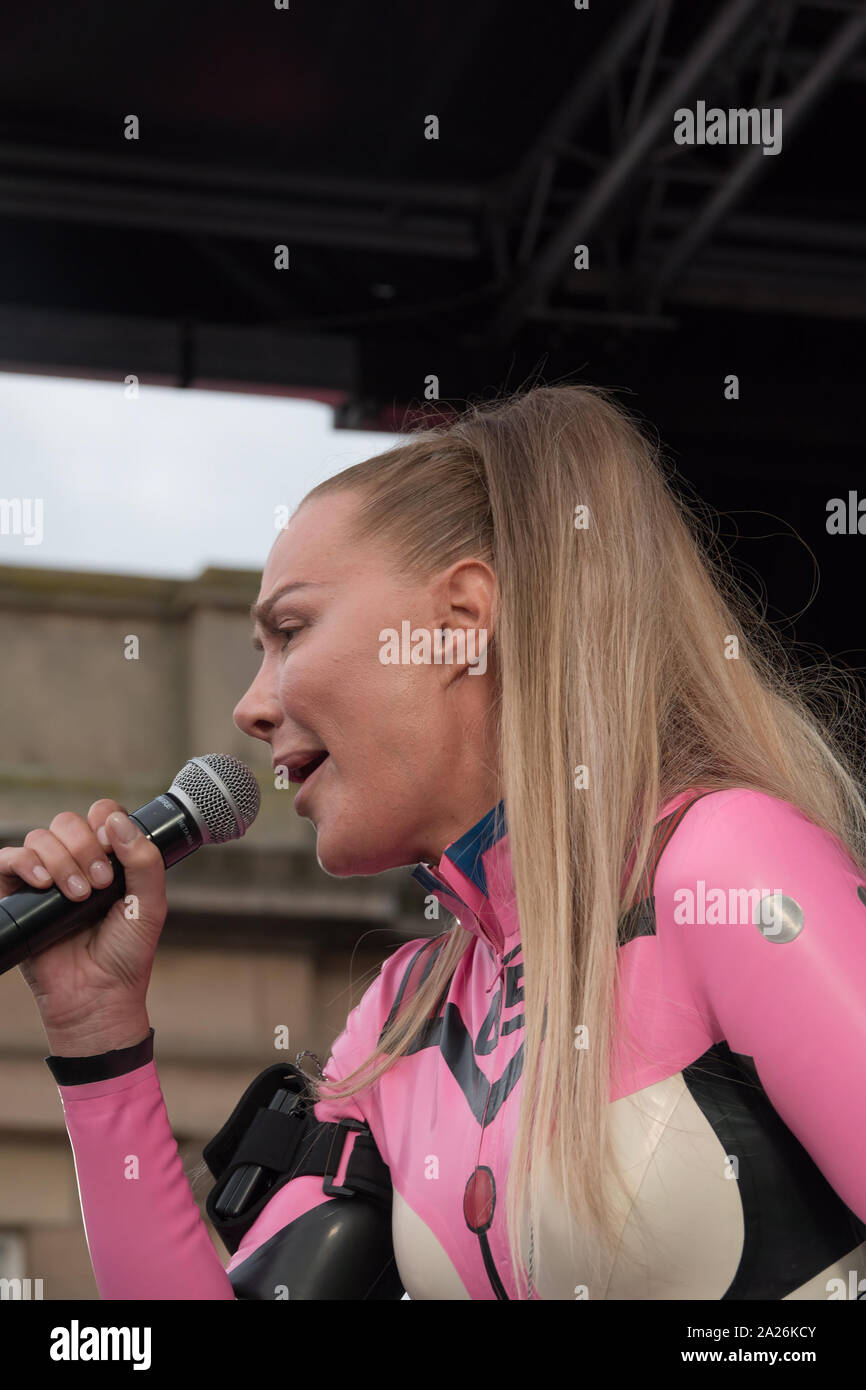 Danish singer, songwriter Whigfield performs on stage at the 2019 ...