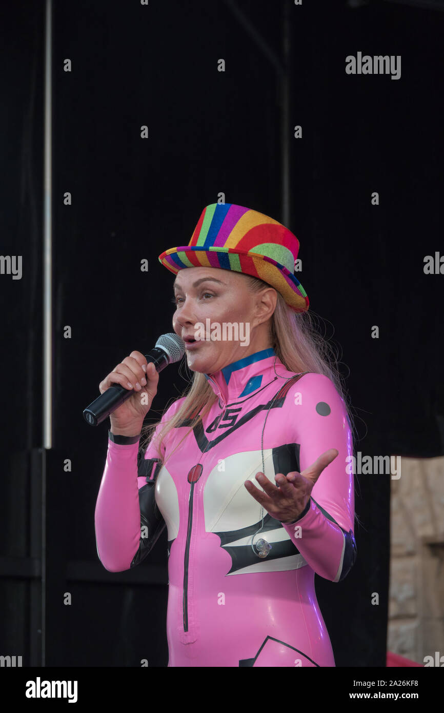 Danish singer, songwriter Whigfield performs on stage at the 2019 ...