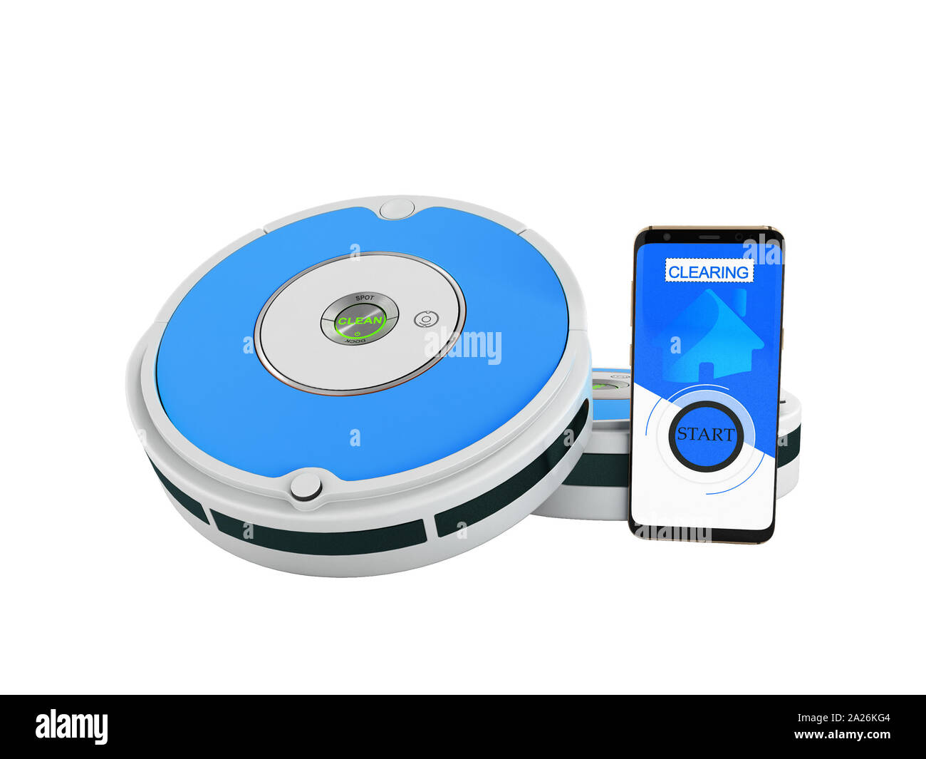Modern vacuum cleaner robot gray with blue inserts with control on a ...