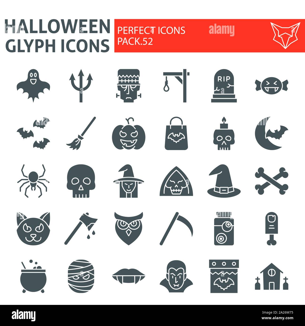 Halloween glyph icon set, horror symbols collection, vector sketches ...
