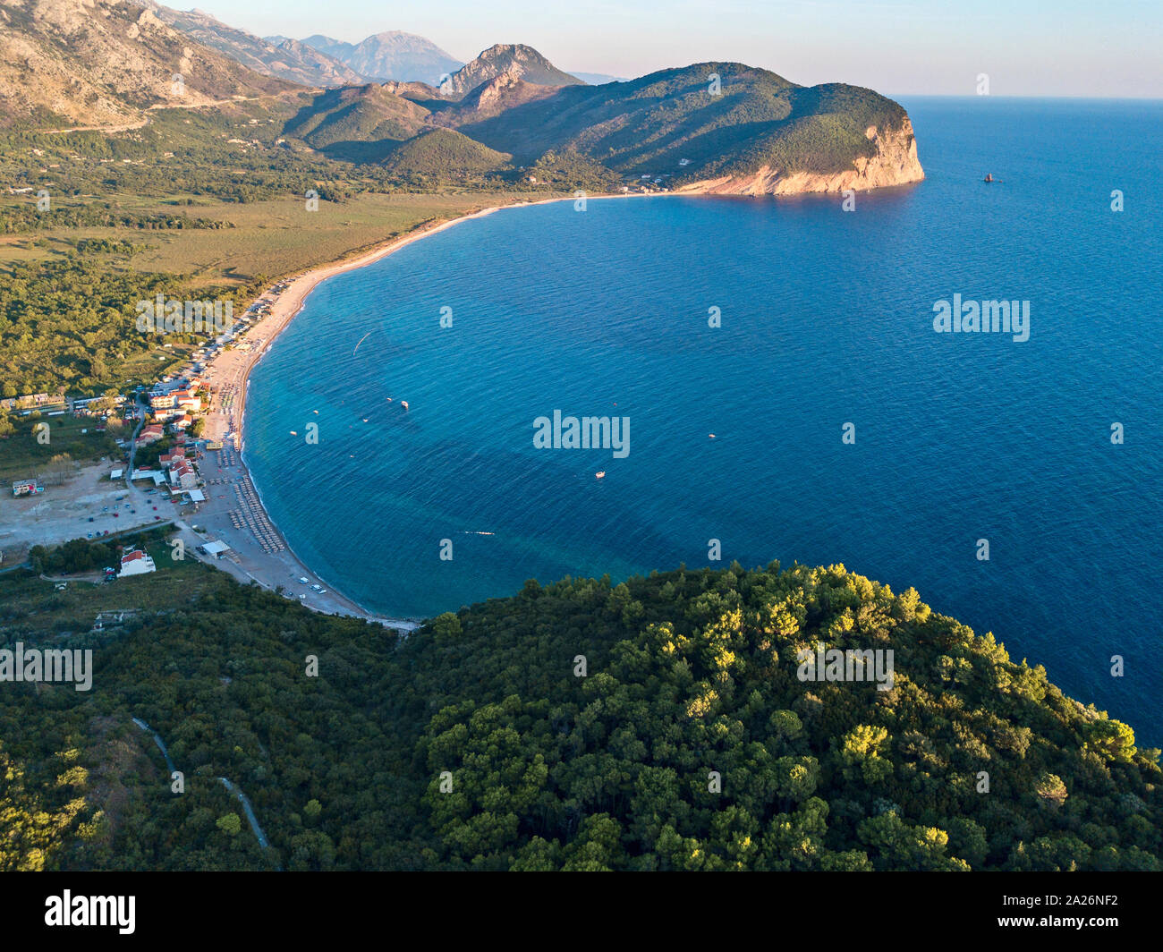 Aerial view of Buljarica beach. It is one of the largest beaches at the ...