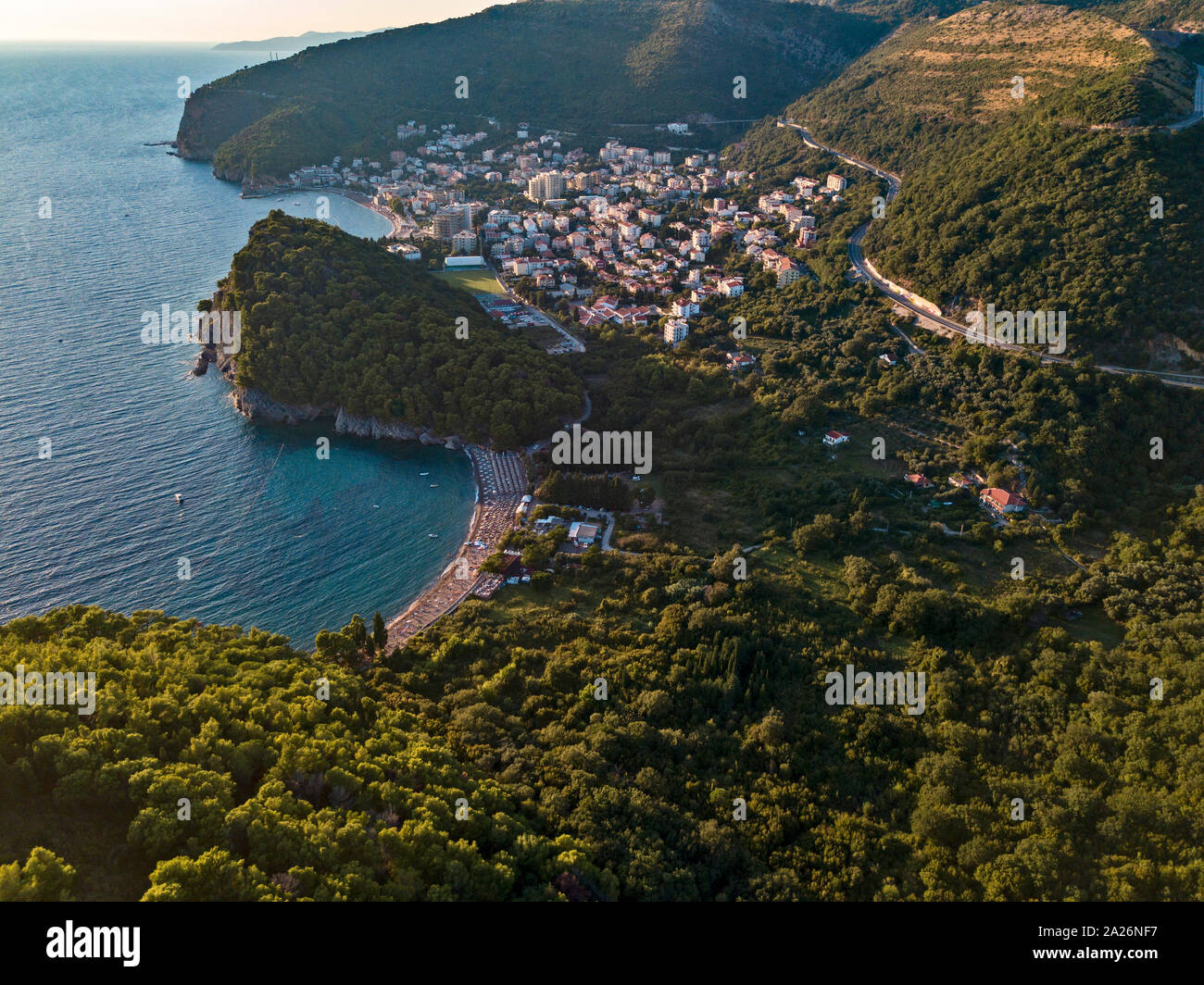 Aerial view of the town of Petrovac and Lucice beach, one of the most ...