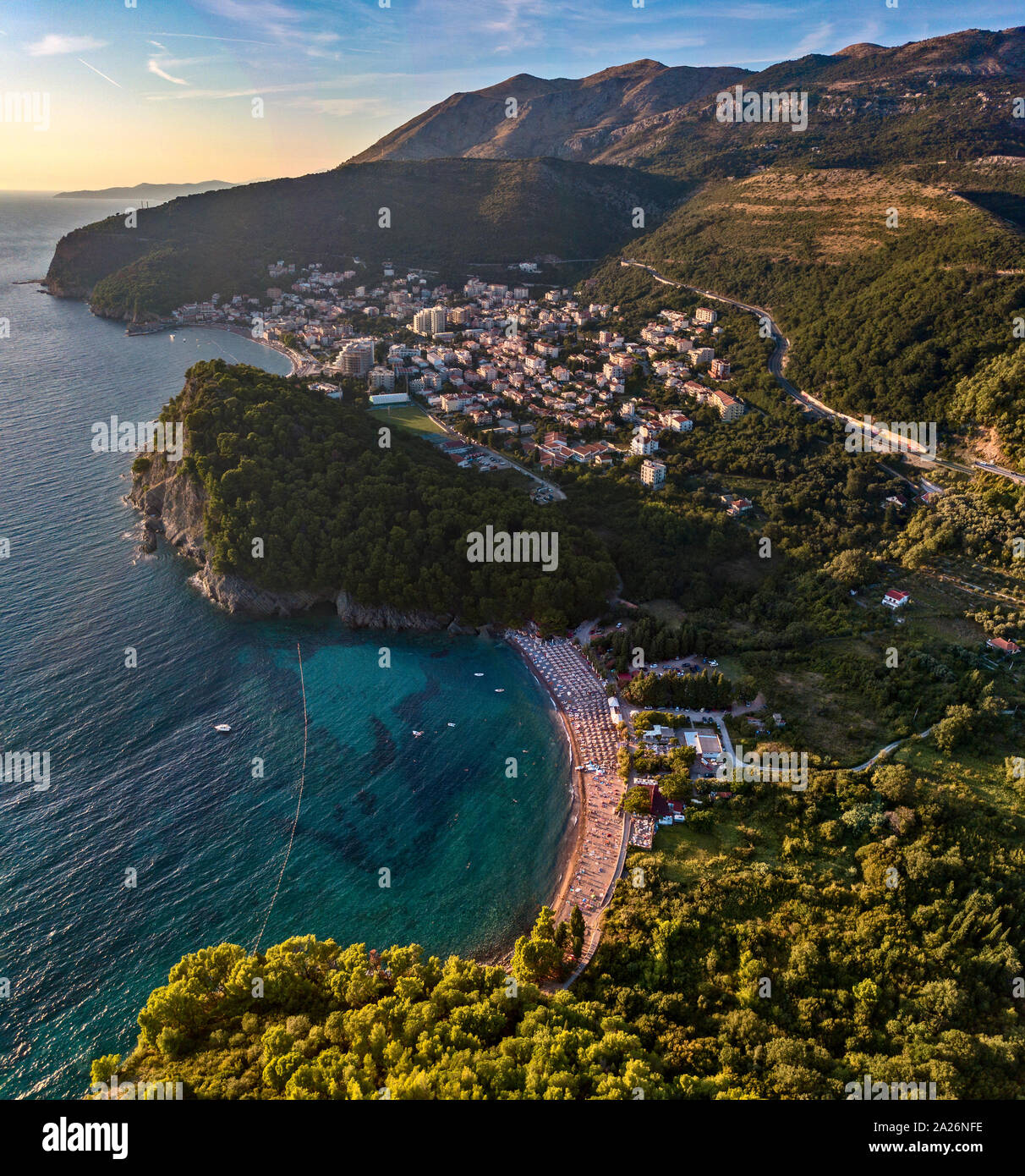 Aerial view of the town of Petrovac and Lucice beach, one of the most ...