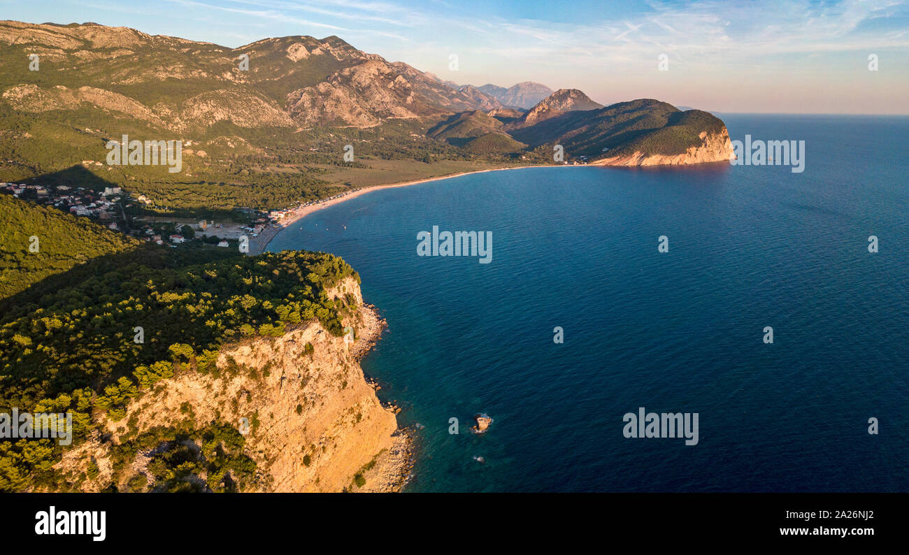 Aerial view of Buljarica beach. It is one of the largest beaches at the ...
