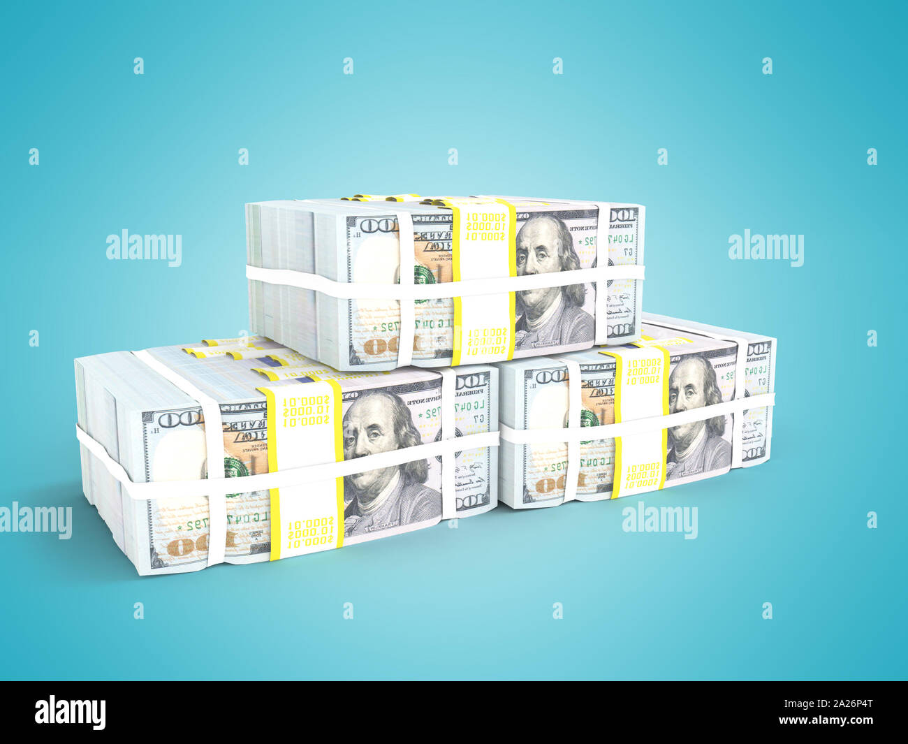 Stack of dollars three packs in front left 3d render on blue background ...