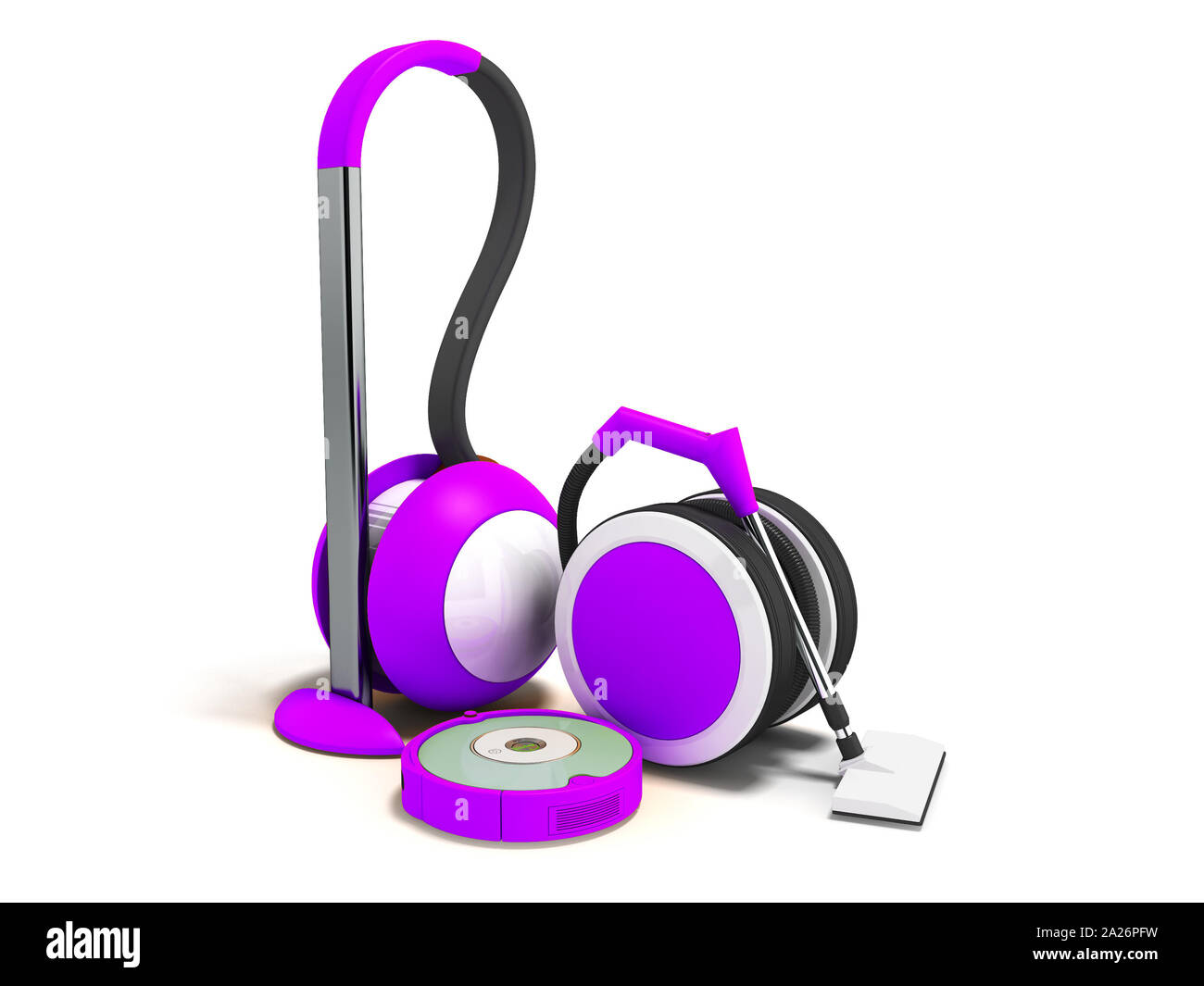 Modern vacuum cleaners with hoses and vacuum cleaner robot purple with ...