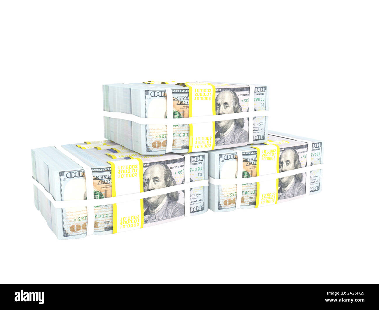 Stack of dollars three packs in front left 3d render on white ...