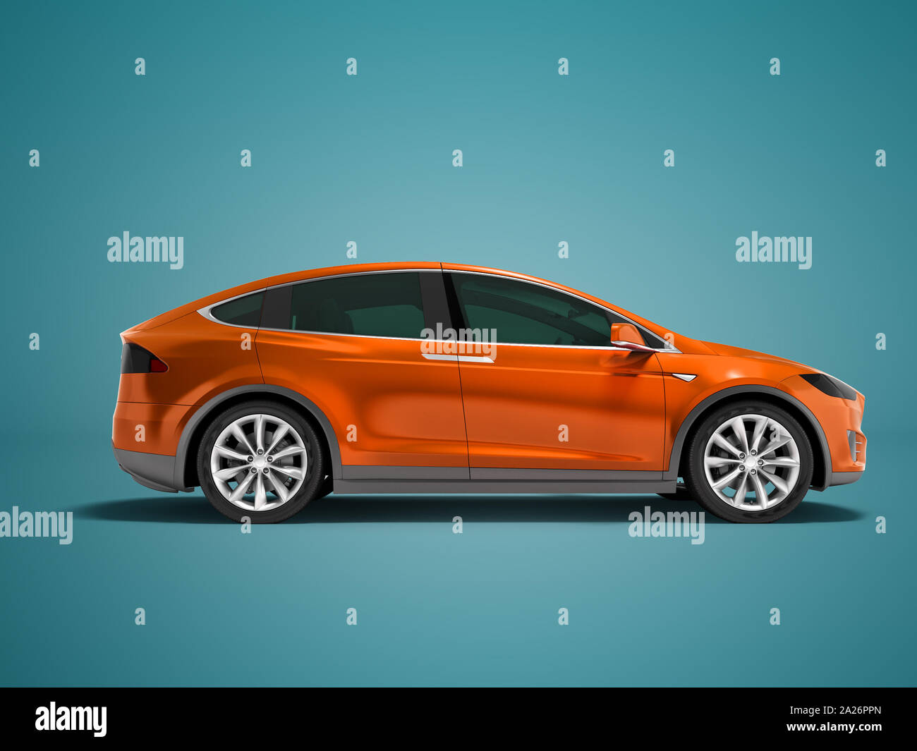 Modern orange electric car minivan on the side 3d rendering on blue ...