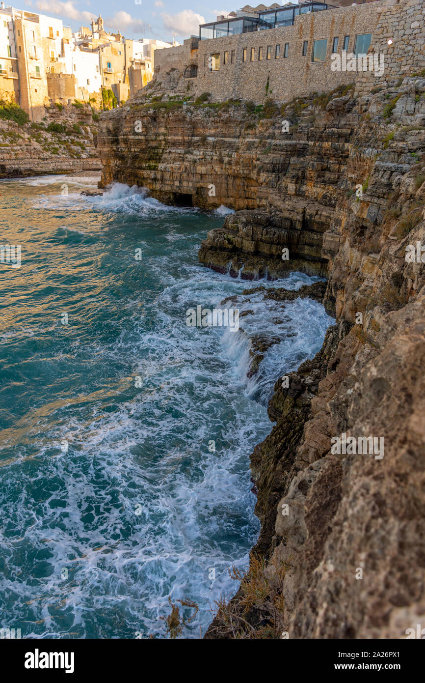 Italy, Polignano a Mare, view of the houses overlooking the sea Stock ...