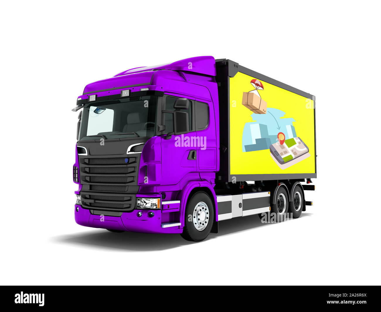 Modern purple truck with yellow trailer for mail transport 3d render on ...