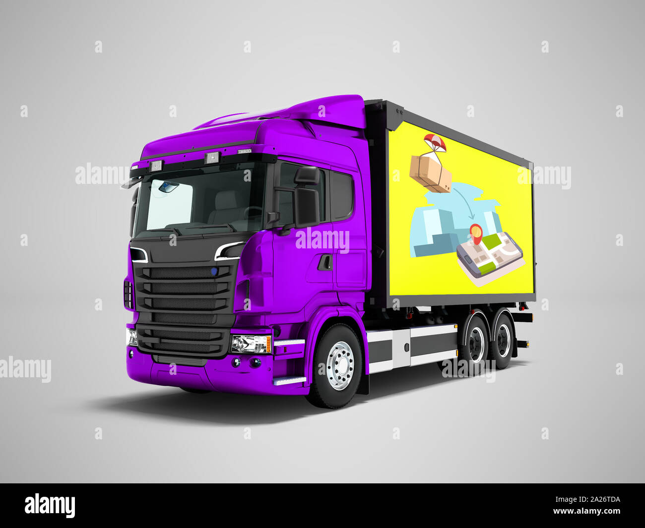 Modern purple truck with yellow trailer for mail transport 3d render on ...