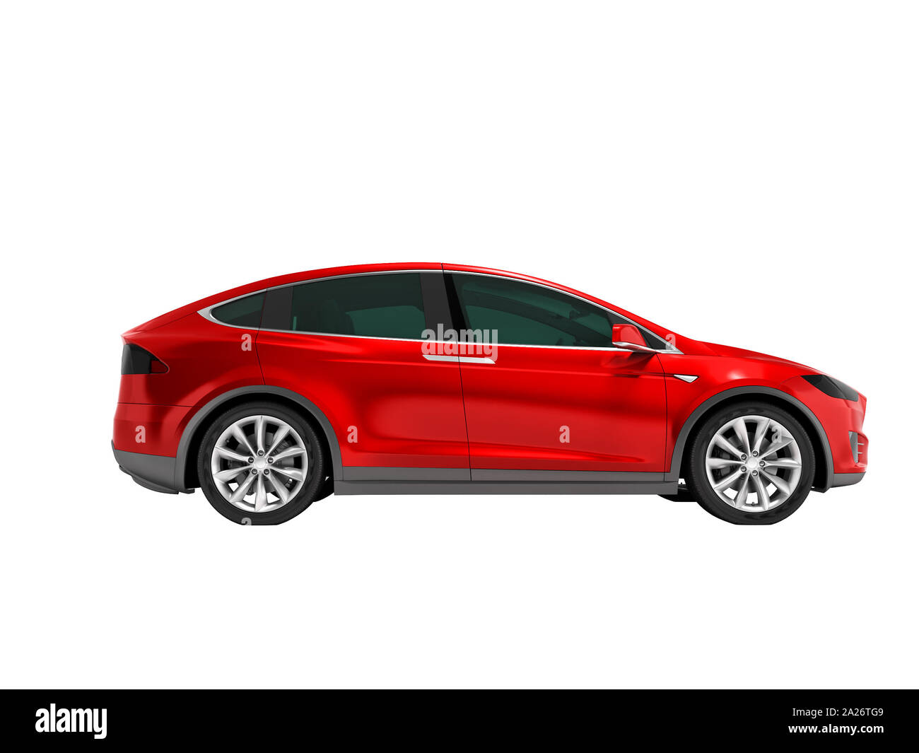 Modern red electric car minivan on side 3d render on white background ...