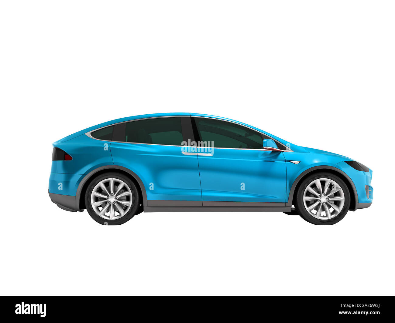 Modern blue electric car minivan on side 3d render on white background ...