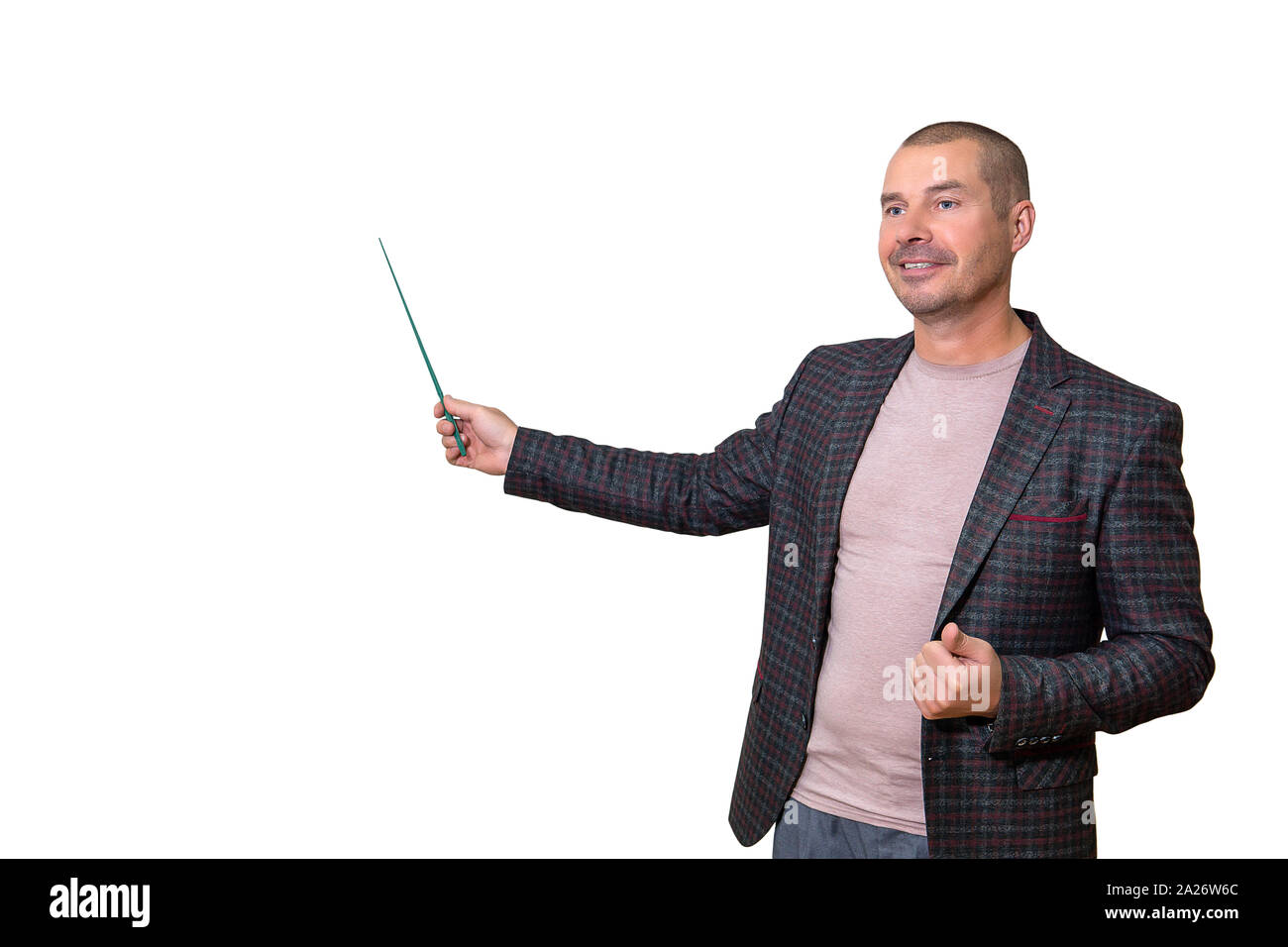 man dressed in a free style with a pointer in his hands explains ...