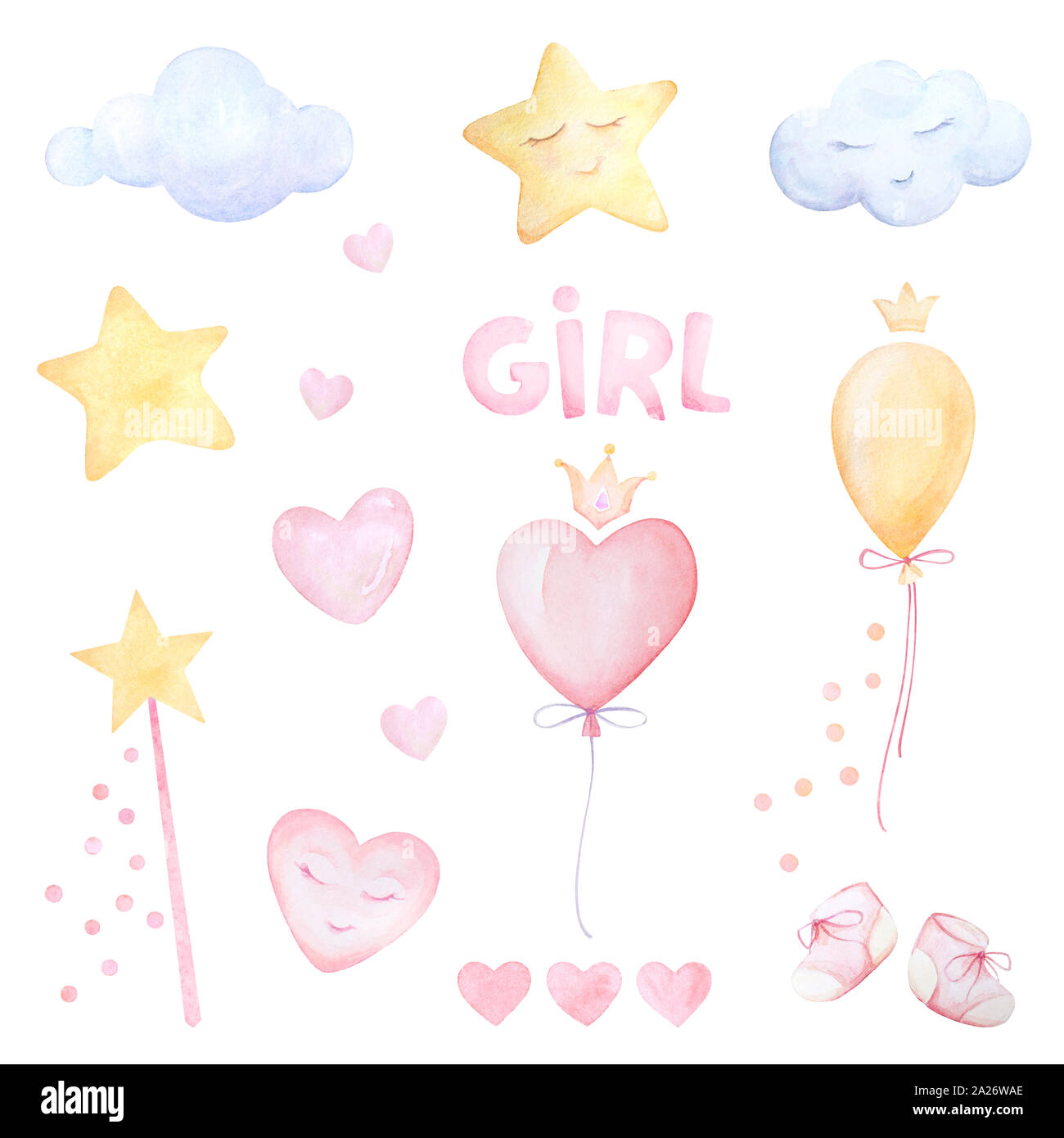Watercolor set. Baby Girl. Baby Shower. Kids prints. Lettering. Clouds ...