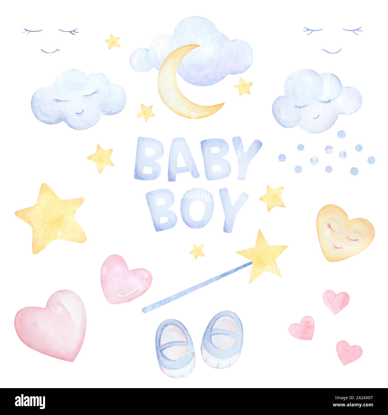 Watercolor set. Baby Boy. Baby Shower. Kids prints. Lettering. Clouds ...