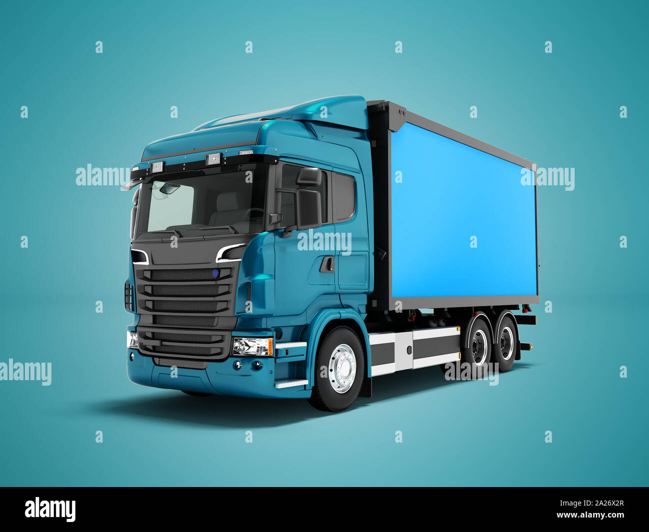 Modern blue truck with blue trailer to transport goods around the city ...