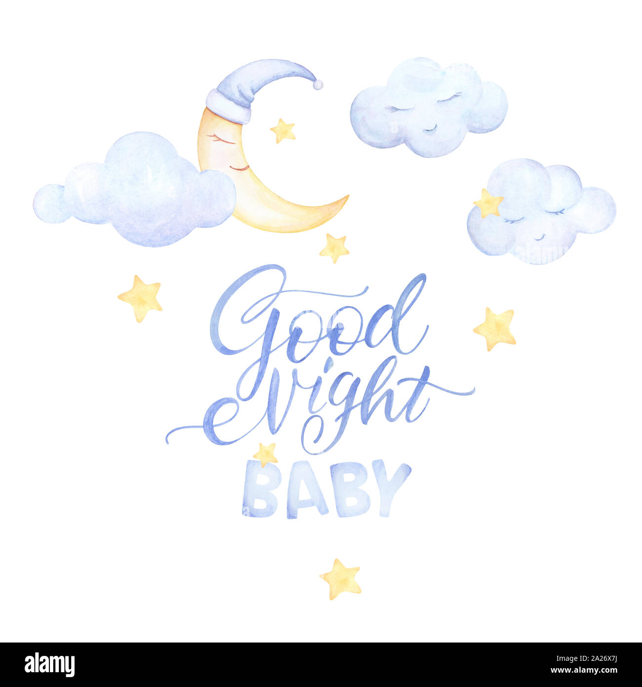 Watercolor set. Kids prints. Good night Baby. Lettering. Moon sleep ...