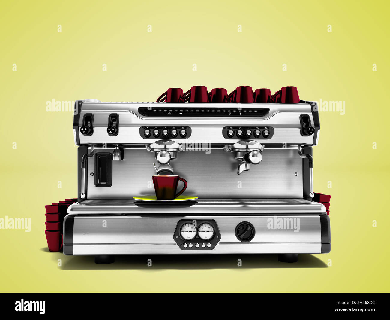 Modern coffee machine with set of brown cups for making coffee isolated ...