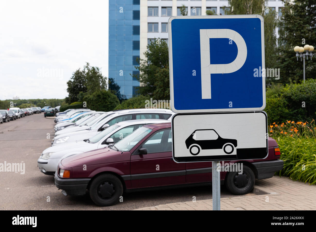 Car parking sign on square blue board, car parking with several cars ...
