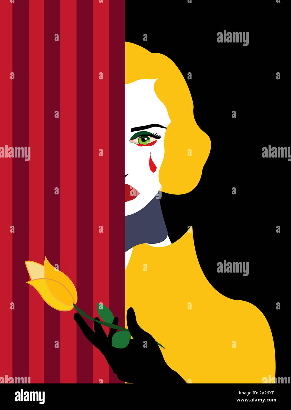 illustration of a woman crying with a yellow rose in her hand, looking ...