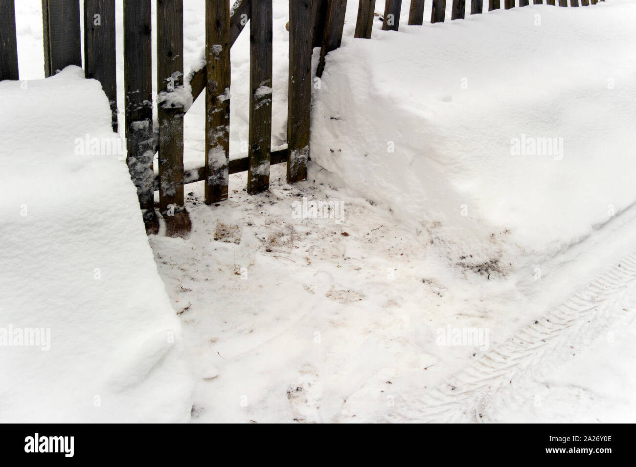 snow swept street and a house gate, outdoor close-up shot Stock Photo ...