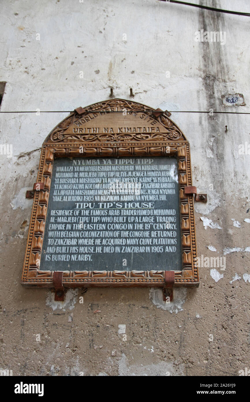 Sign outside Tipu Tip's House, a World Heritage Site, Stone Town ...