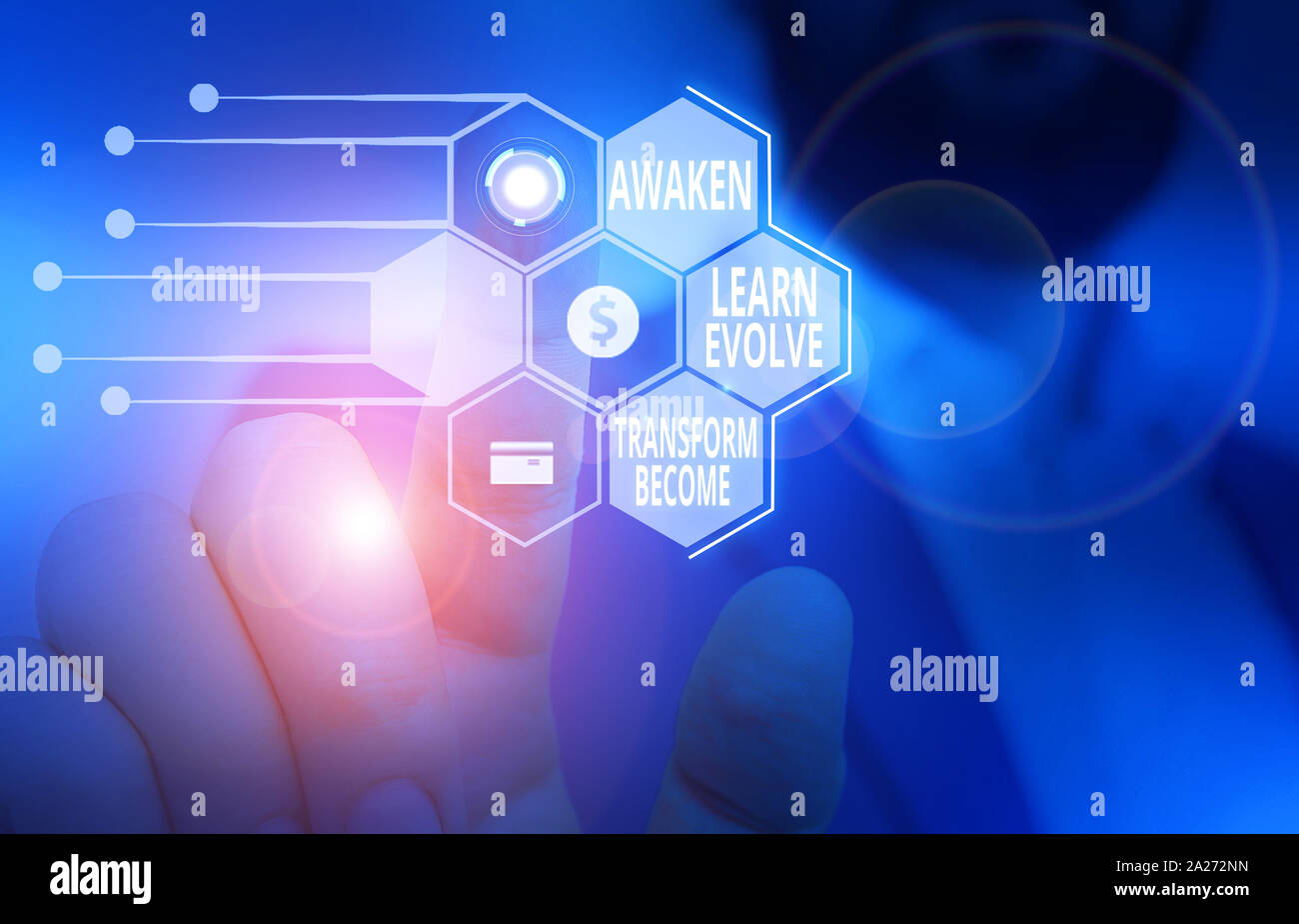 Text sign showing Awaken Learn Evolve Transform Become. Business photo ...