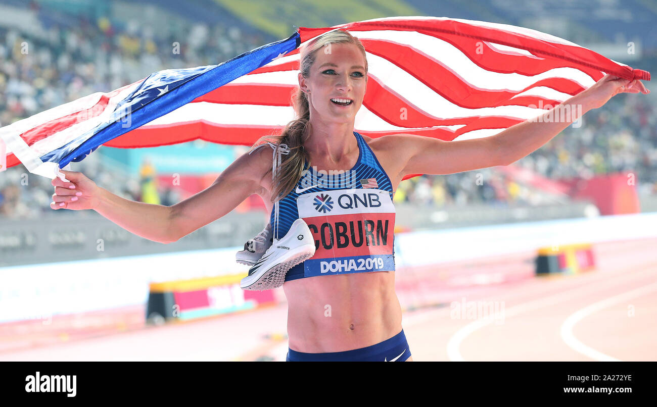 Dpha, Qatar. 30th Sep, 2019. Emma Coburn (USA) poses with United States ...