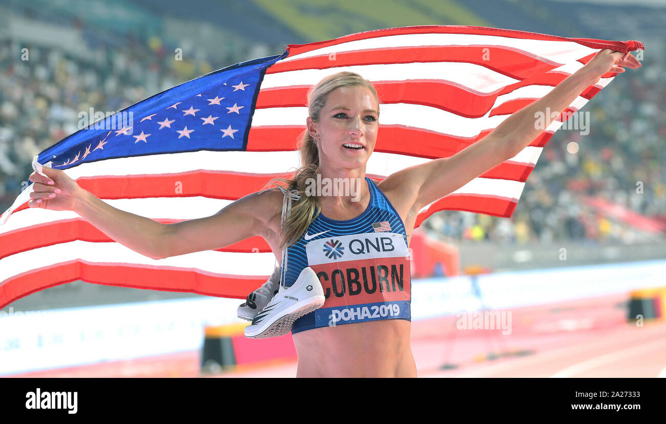 Dpha, Qatar. 30th Sep, 2019. Emma Coburn (USA) poses with United States ...