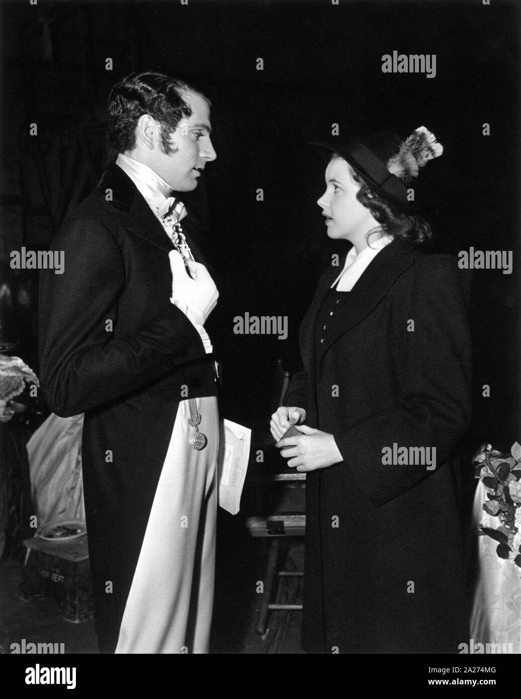 JUDY GARLAND visits LAURENCE OLIVIER as Mr. Darcy on set candid filming ...