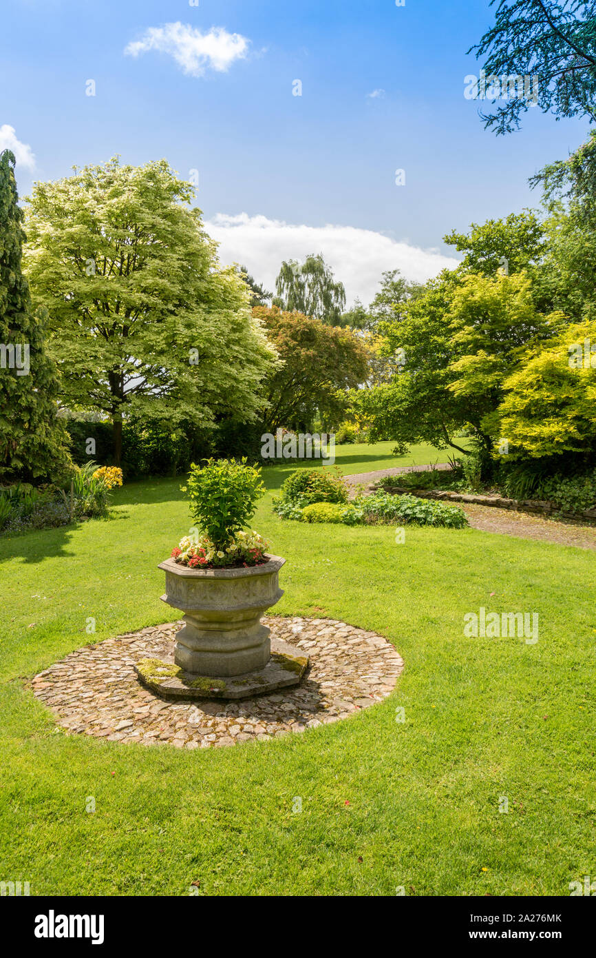 A variety of mature trees and a colourful stone planter at Burrow Farm ...