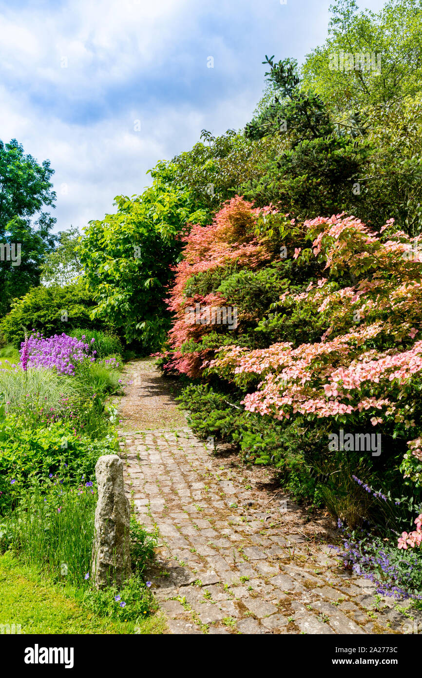 Colourful foliage and flowering shrubs and trees planted around an old ...