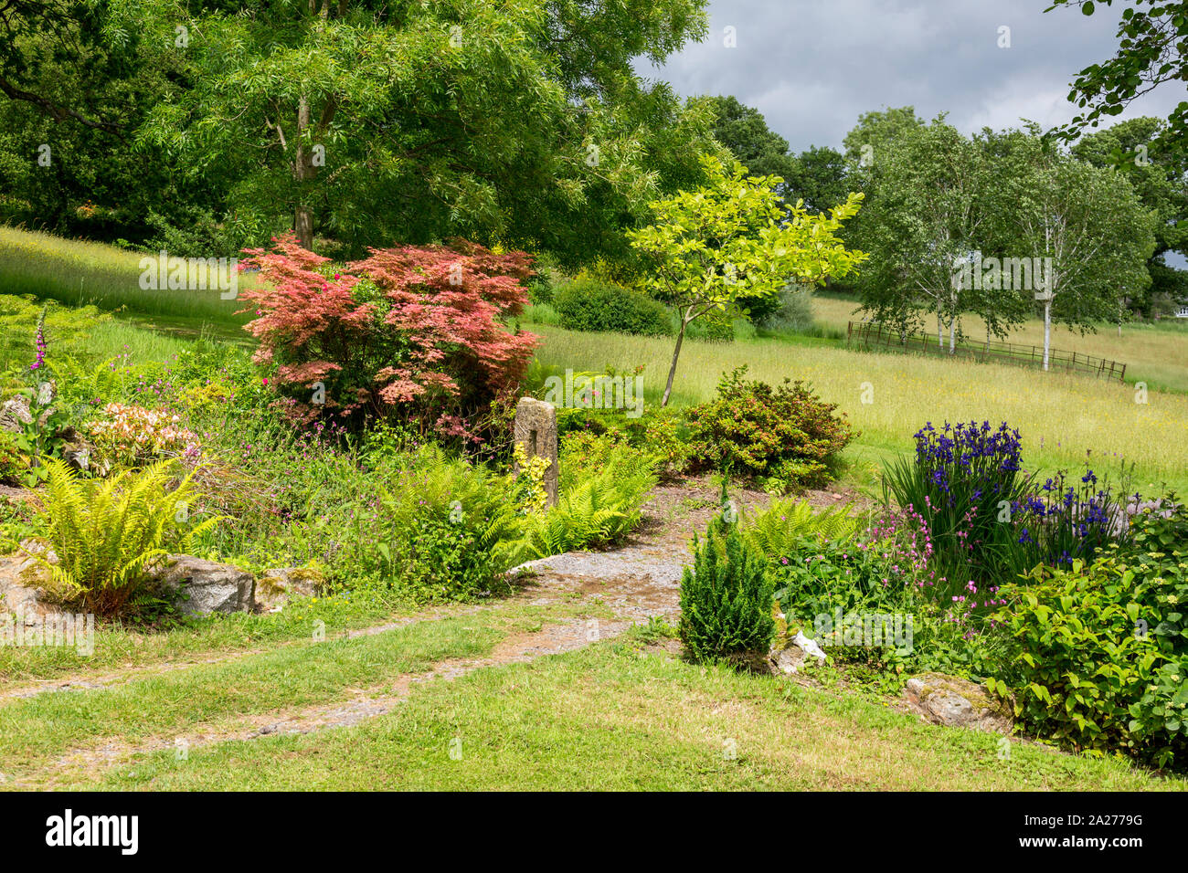 Colourful foliage and flowering shrubs and trees planted around an old ...