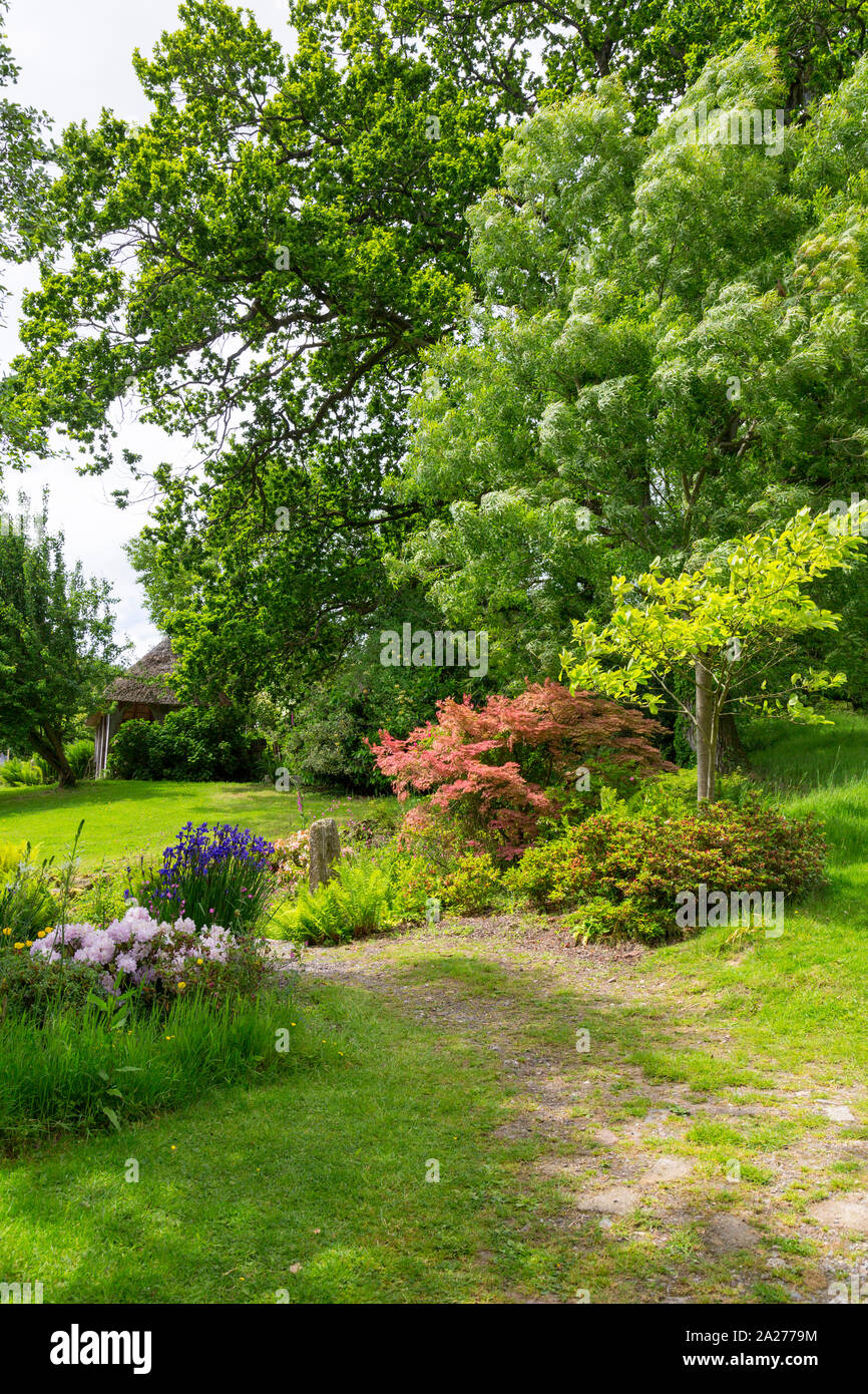 Colourful foliage and flowering shrubs and trees planted around an old ...